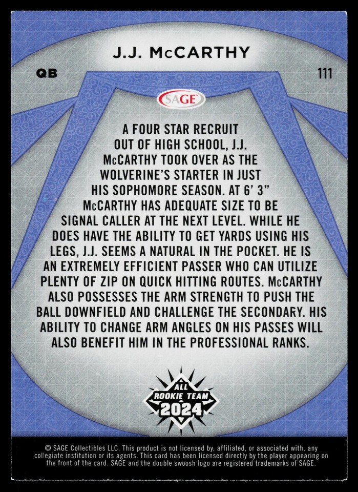 J.J. McCarthy Rookie 2024 SAGE HIT All Rookie Team Minnesota Vikings ...