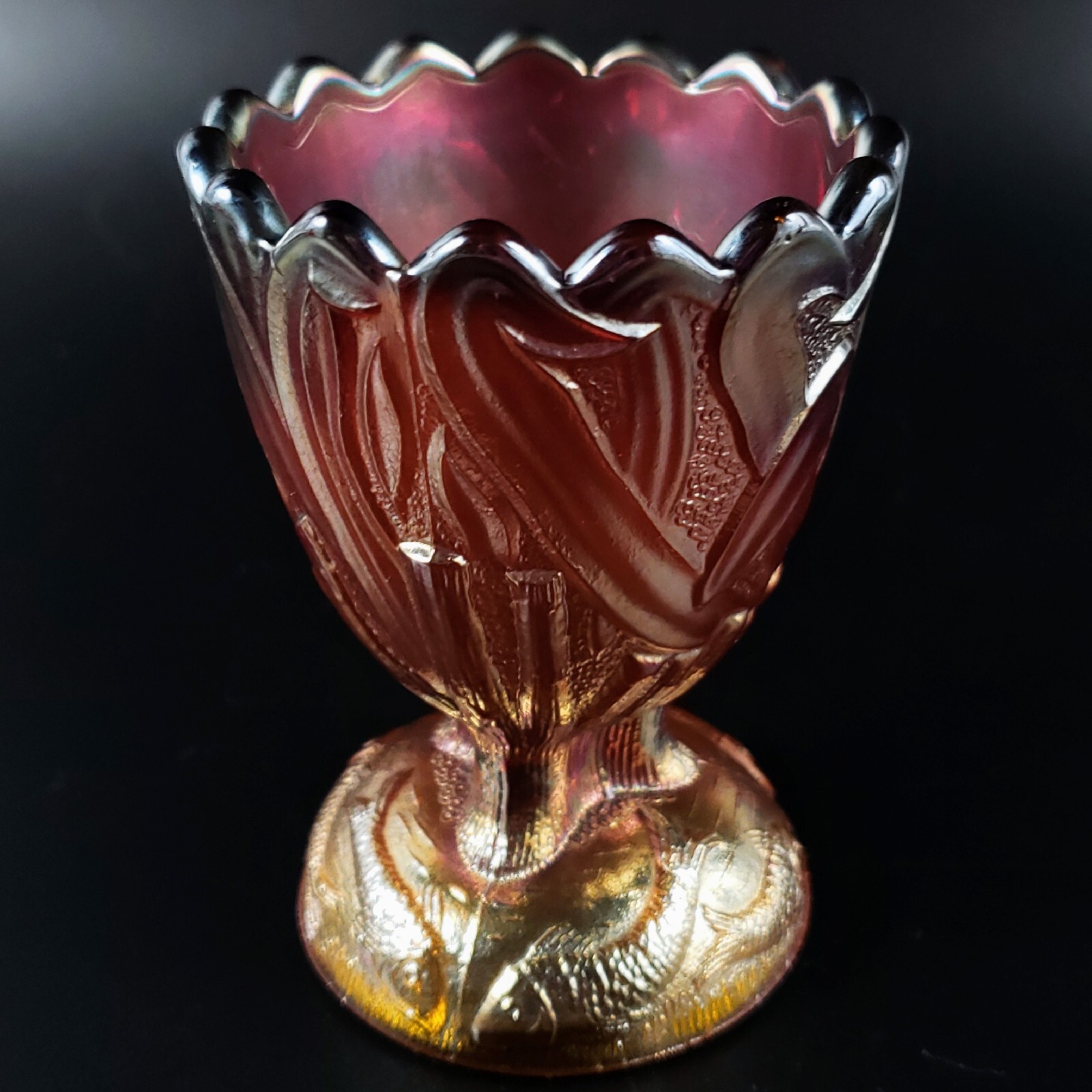 Vintage ST. CLAIRE Amberina Carnival Glass KING FISHER Toothpick Holder ...