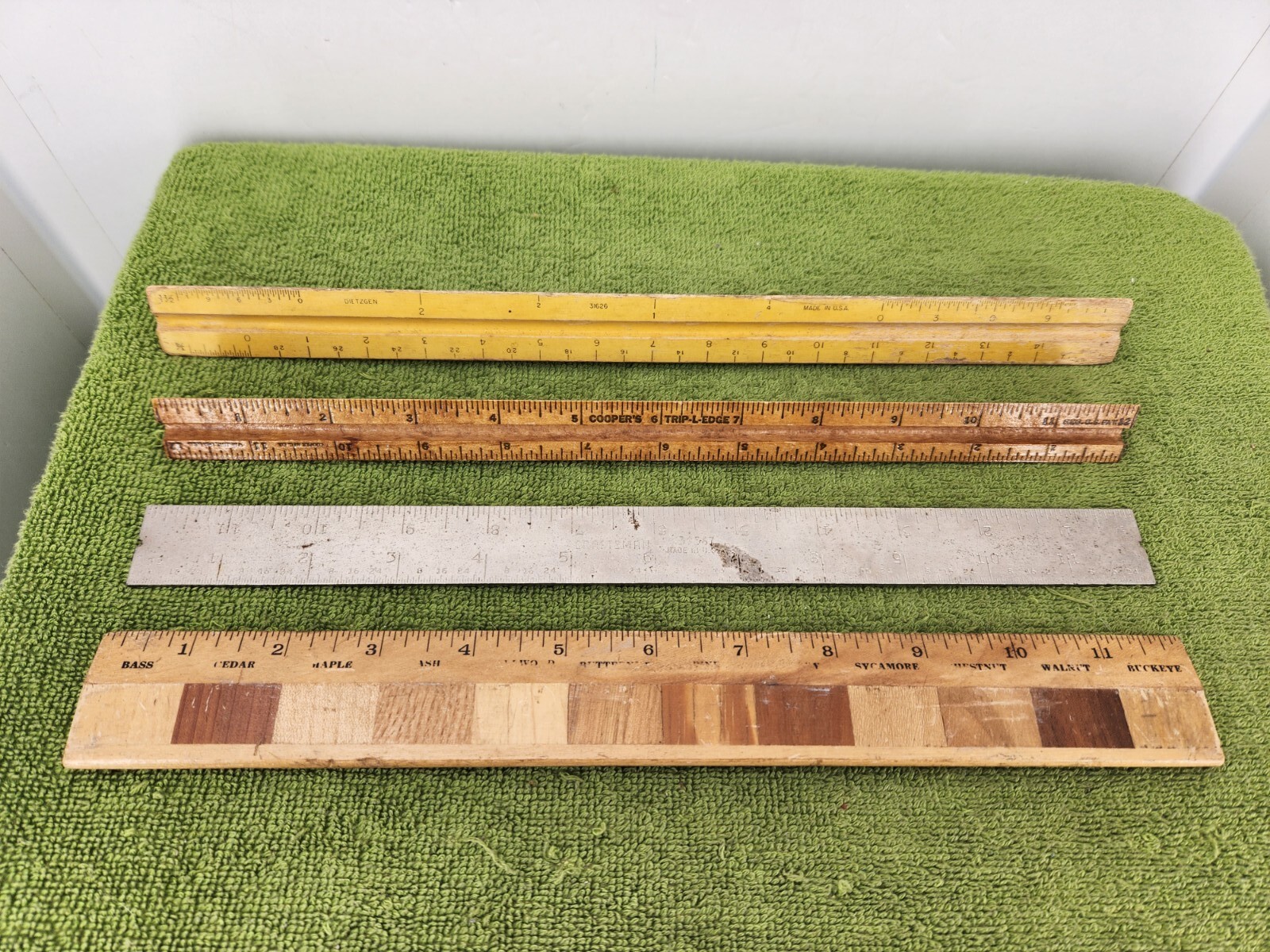 Lot of 4 Vintage Rulers Design Drafting Engineer wood metal triple edge ...