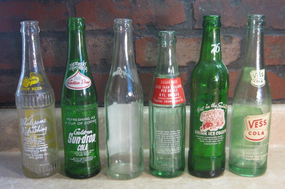 6 VINTAGE ACL SODA BOTTLES DIET-RITE COLA VESS COLA GOODY ROOT BEER SUN ...