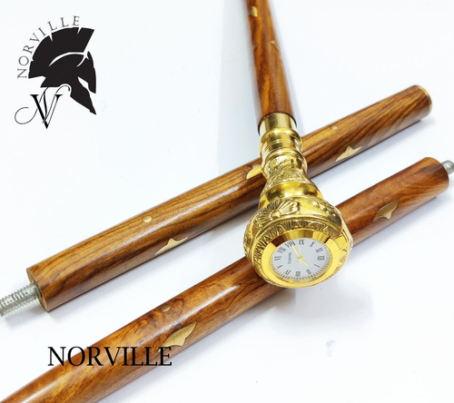 Vintage Victorian Walking Stick Brass Clock Handle Wooden Cane Antique ...