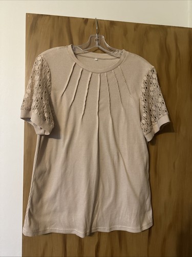 Tan Waffle Knit Top with Lace Sleeves Size L | eBay