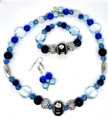 new LILAH ANN handmade BLUE beaded NECKLACE earrings BRACELET SET beads ...