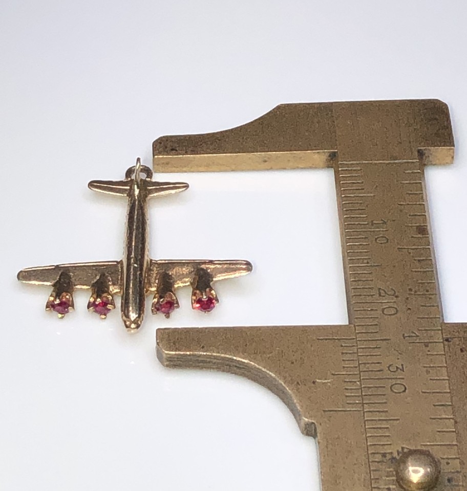 14K Solid Yellow Gold 3D Realistic Plane Charm Pendant With Round Ruby ...