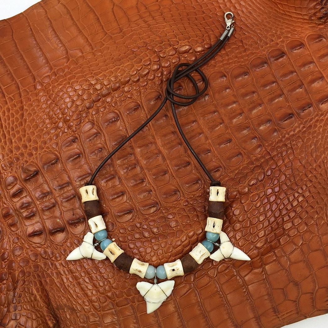 Modern Bull Shark Tooth Tribal Necklace Accented with Amazonite Bea | eBay