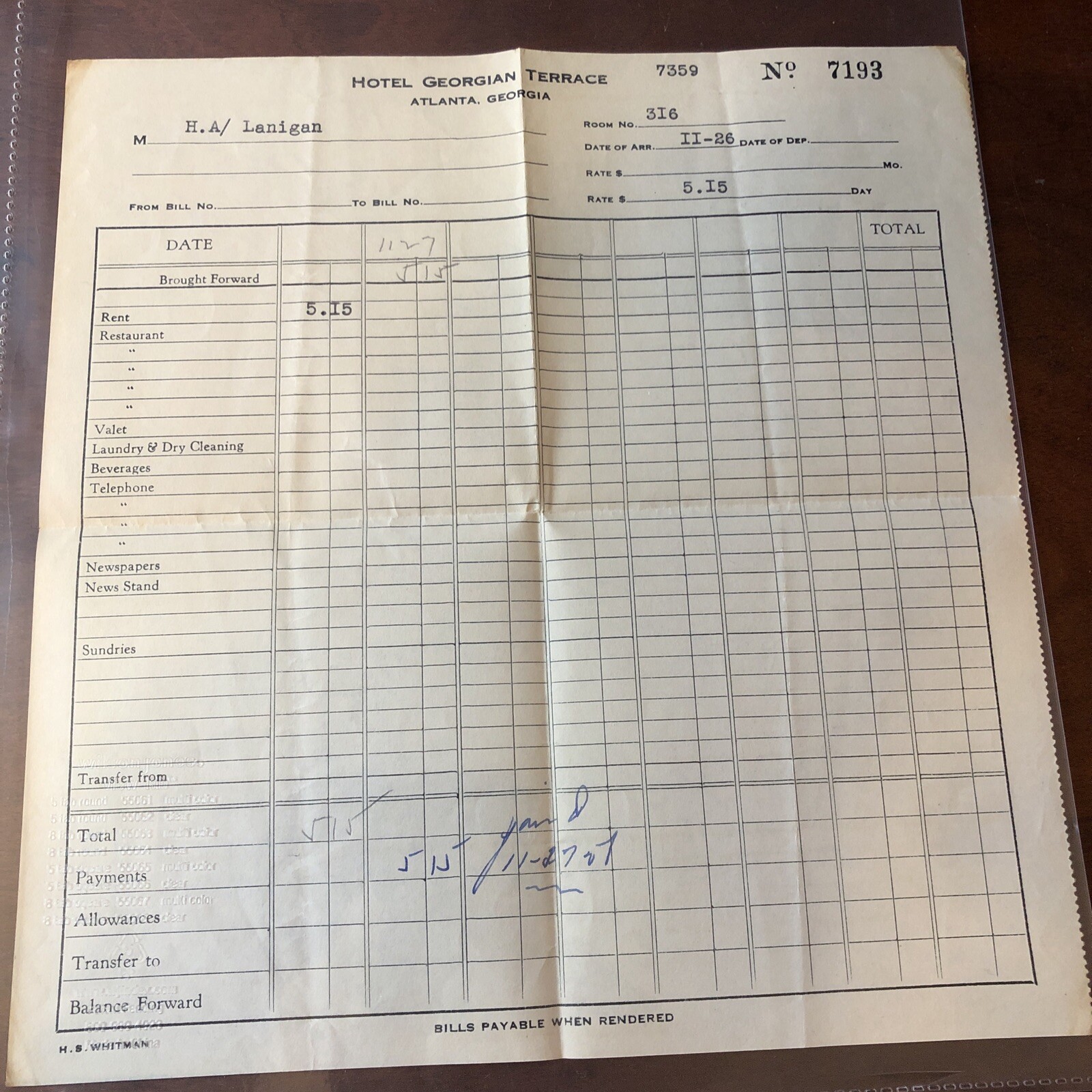 Antique Receipt Hotel Georgian Terrace Atlanta, Georgia ~ $5.15 RENT ...
