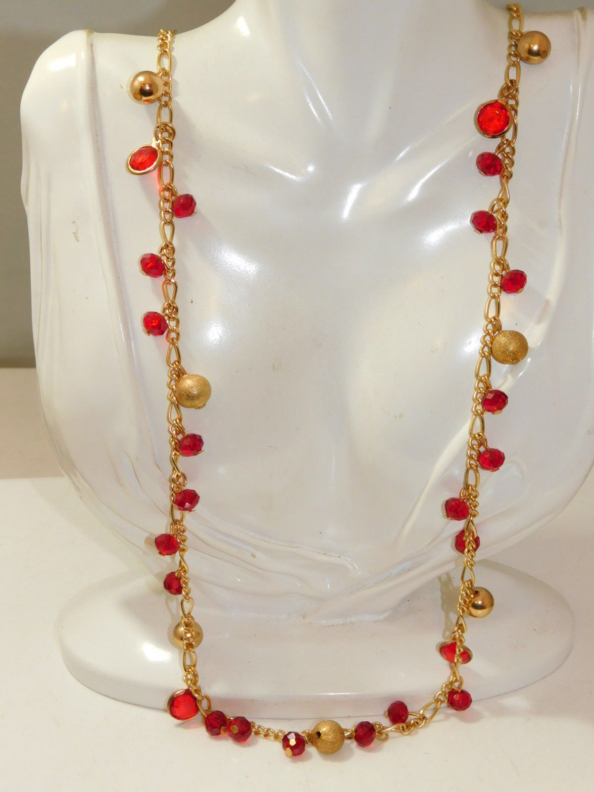 Christmas Ruby Red Faceted Crystal bead Chain Figaro Gold Chain ...