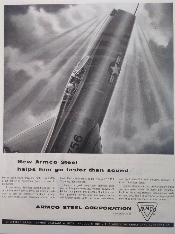 ARMCO Steel Print Ad Original Vintage 1950s F-100 Jet Fighter ...