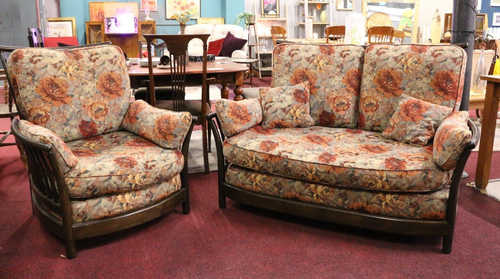 Vintage ERCOL Renaissance Sofa & Arm Chair Set Lounge Slatback Floral ...