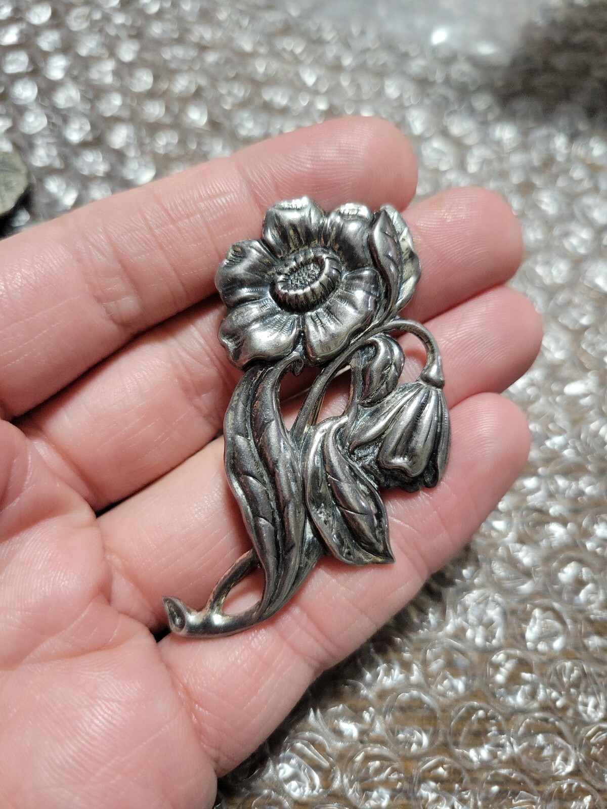 Antique Victorian Sterling Silver Flower Brooch Pin - Gem