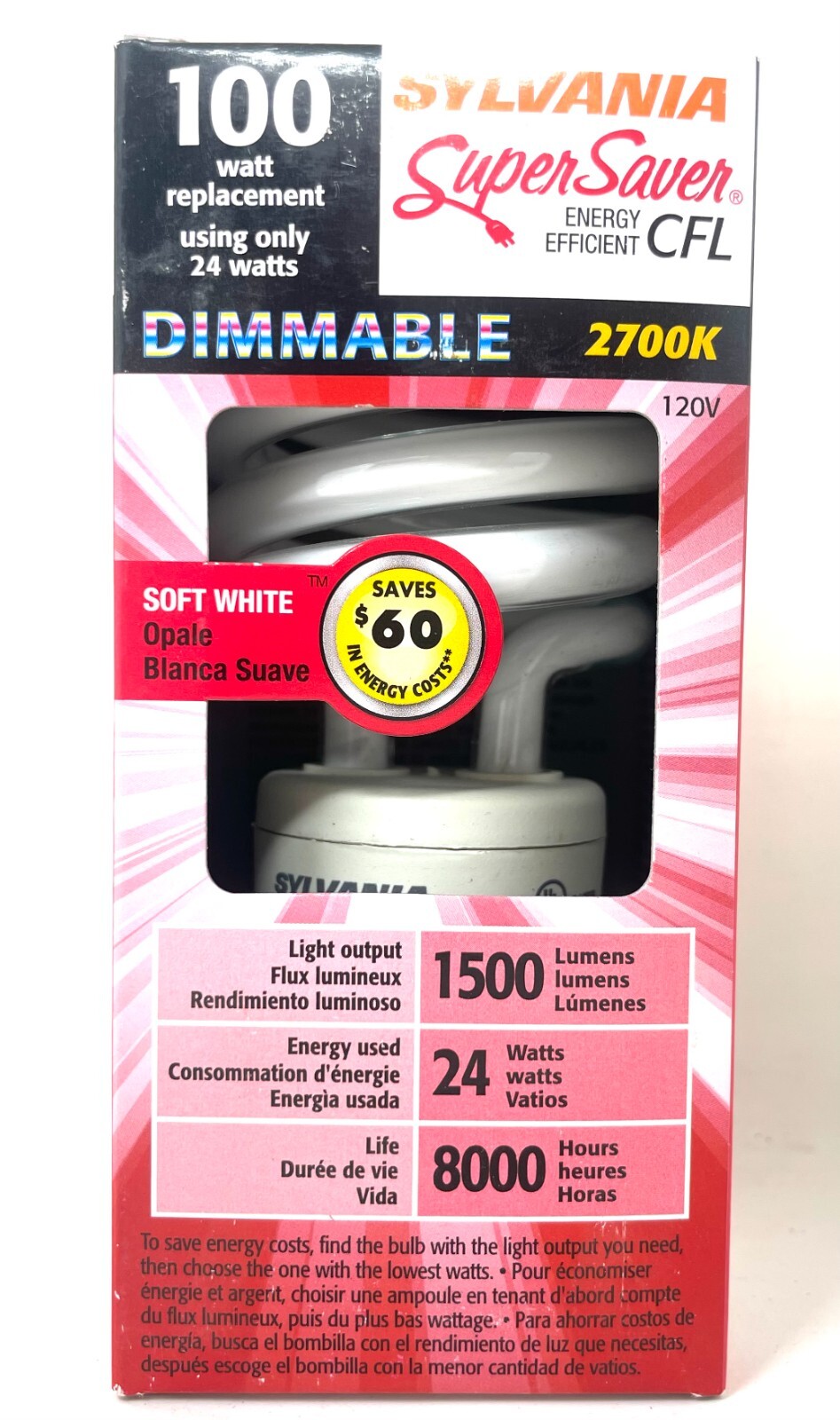 Sylvania Super Saver CFL Bulb 100W using 23W 120V Dimmable White GU24 ...
