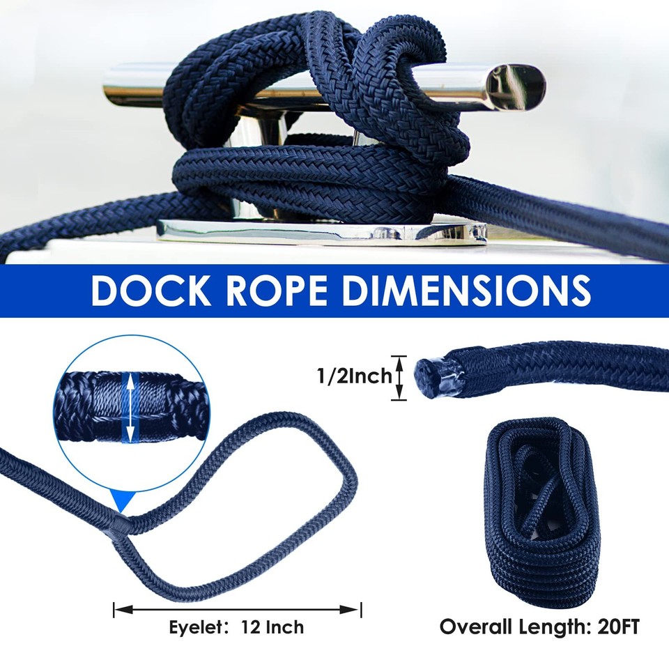 4 Pack 1/2 Inch 20 FT Double Braid Nylon Boat Dock Line Mooring Rope ...