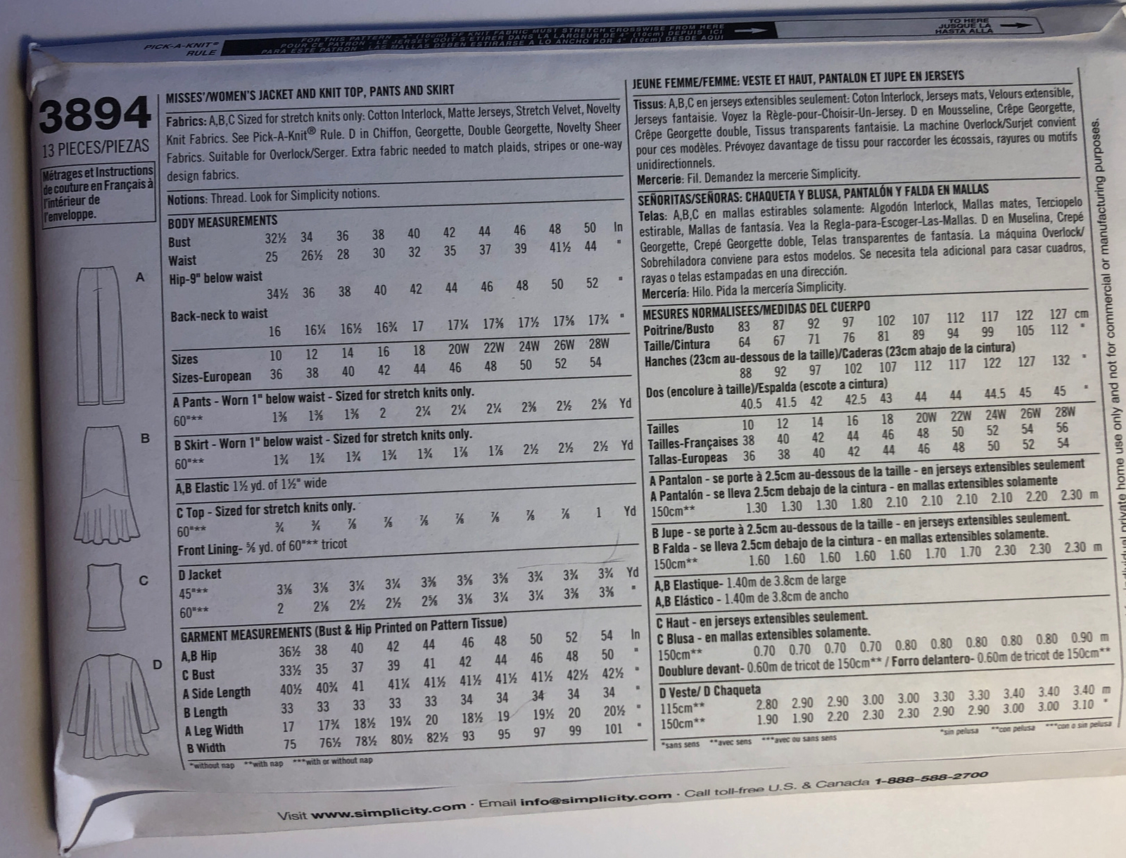SIMPLICITY #3894 MISSES' SIZE 10 12 14 16 18 JACKET TOP PANTS & SKIRT ...
