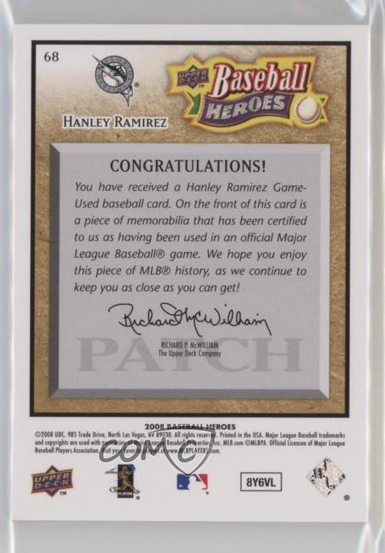 2008 Upper Deck Baseball Heroes Beige Patch /10 Hanley Ramirez #68 ...