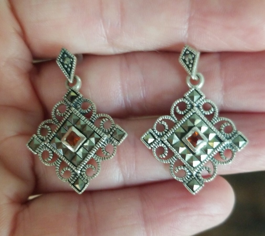 sterling silver 925 earrings, dangle w/ gemstone, Estate 6.3 g marked ...