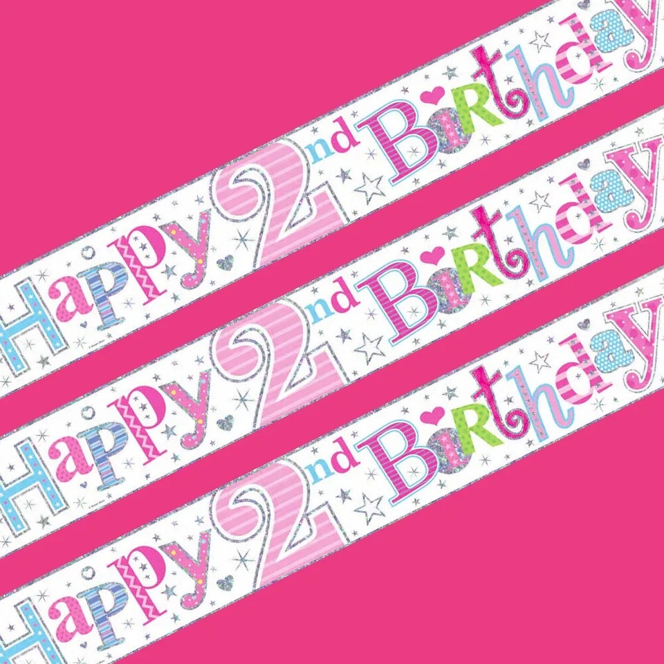Happy 2nd Birthday Banner Two Years Age 2 Foil Party Decoration Pink ...