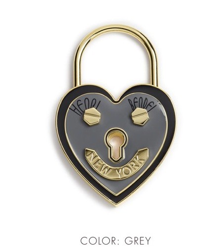 NWT Grey Henri Bendel HEART Smiley LOCK Key Ring Fob BAG CHARM HOLDER w ...