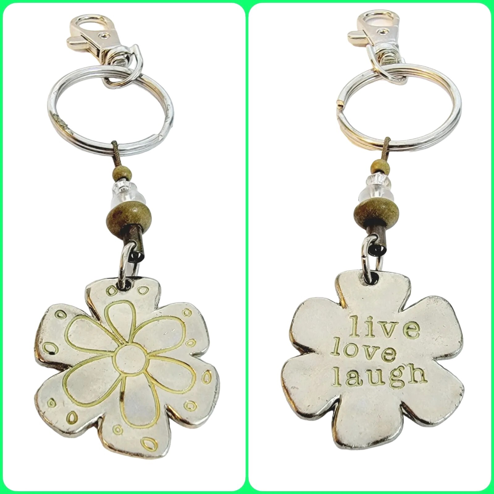 Live Laugh Love Daisy Keychain Metal Flower Beaded Happiness Purse Clip ...