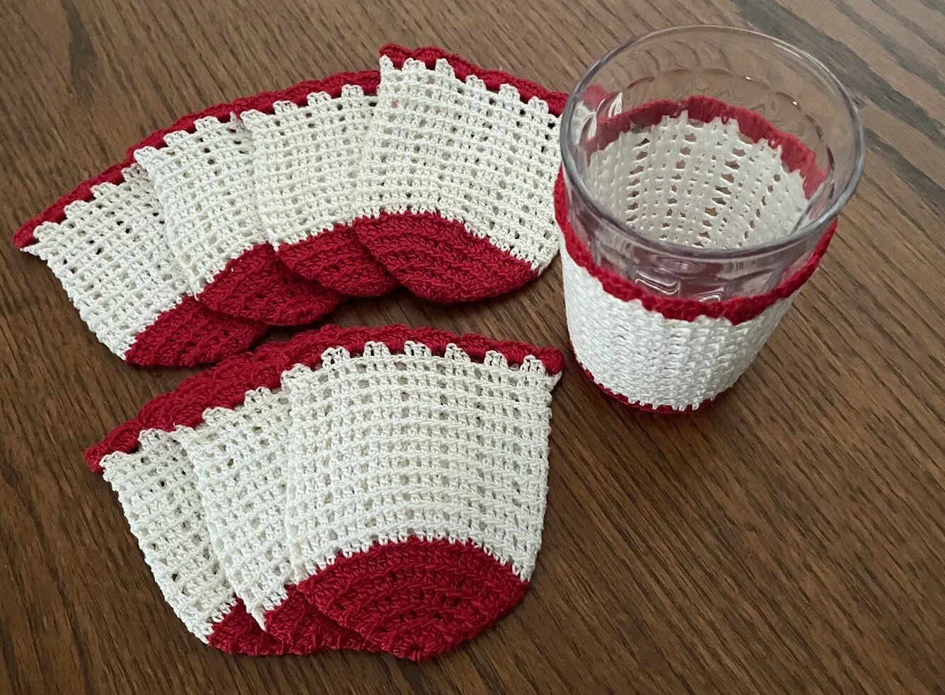 Vintage Set Of 8 Adorable Red/White Crocheted Glass Cozies/Covers ...