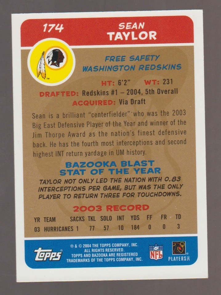 SEAN TAYLOR 2004 Topps Bazooka GOLD Rookie Card #174 SP RC Parallel SEE ...