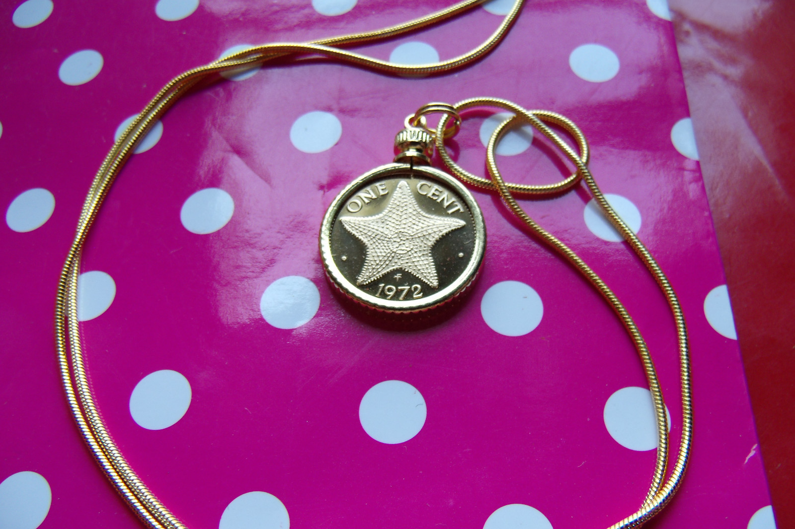 1972 Bahamas Starfish Proof Coin pendant on a 24" Gold Filled Snake ...