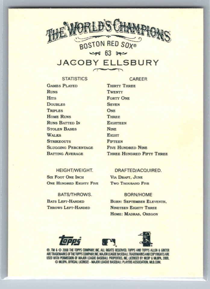 2008 Topps Allen & Ginter Baseball #63 Jacoby Ellsbury Boston Red Sox ...