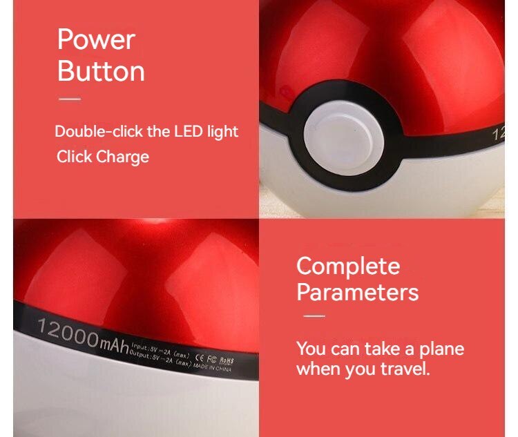 Pokemon Ball Power Bank 20000mAh LED External Battery Dual Port ...