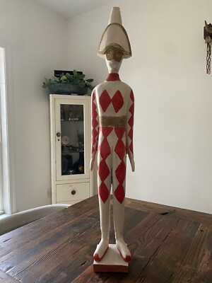 Large Hand Painted Wood Harlequin Jester Folk Art Statue Figurine ...
