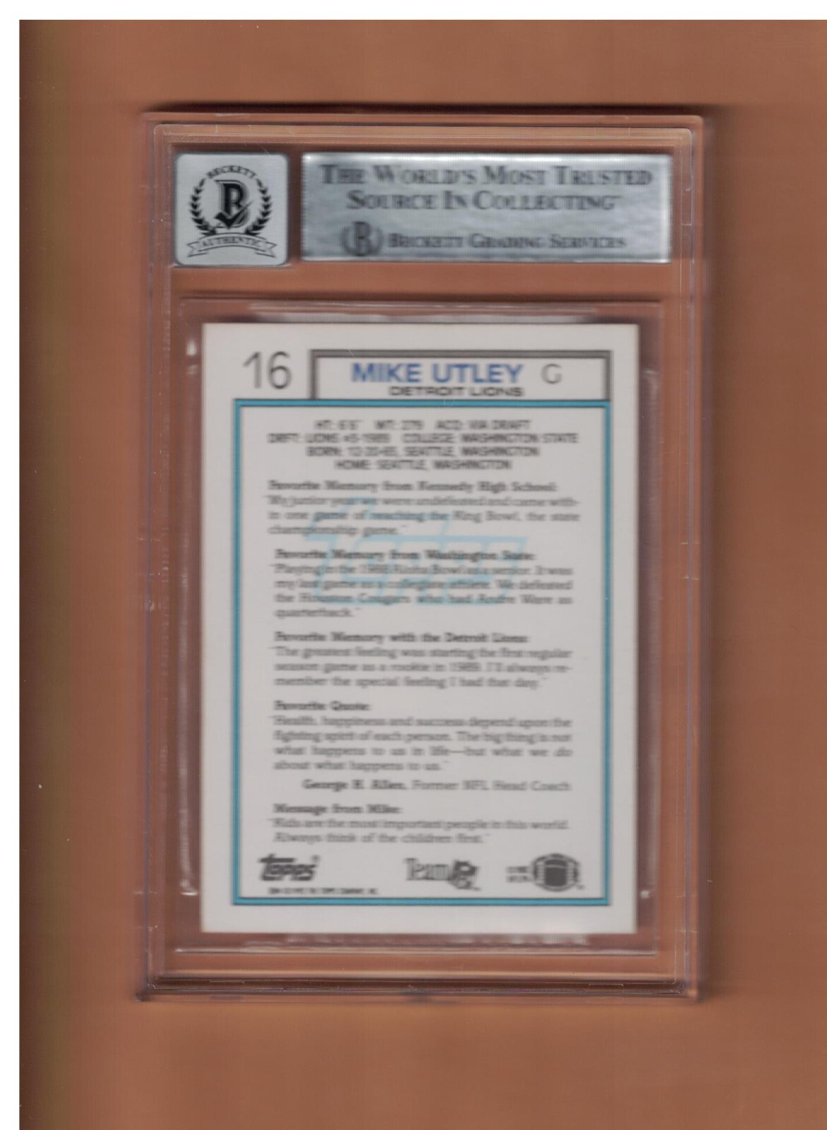 MIKE UTLEY AUTOGRAPHED 1992 TOPPS FOOTBALL ROOKIE CARD SIGNED LIONS ...