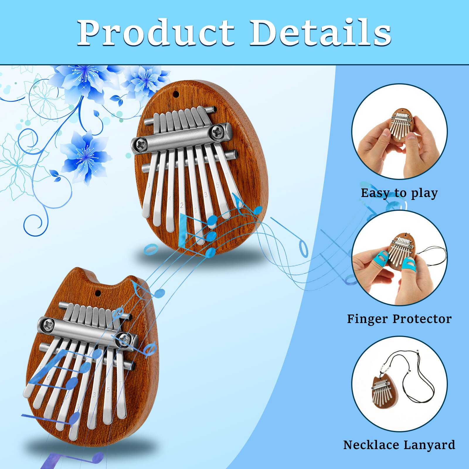 2Pcs 8 Keys Mini Kalimba Portable Finger Thumb Piano Wooden Finger ...