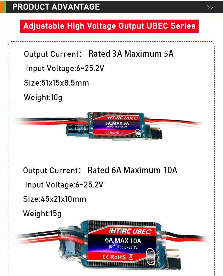 HTIRC UBEC 6a Max 10a, Input 6v-25v 2-6s UBEC Output 5v-5.5v-6v w/ XT60 ...