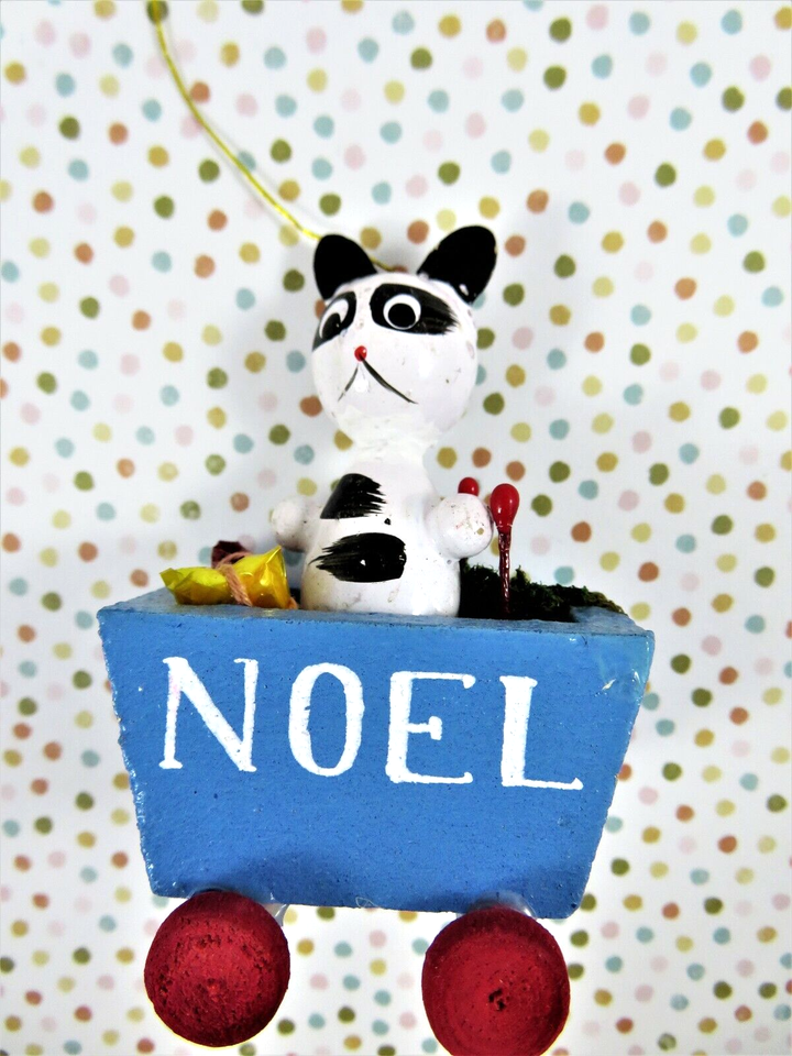Wooden Ornaments Dog And Cat In Carts Merry Christmas Noel Hand Painted ...