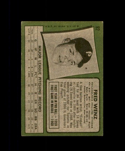 1971 TOPPS BASEBALL CARD PHILADELPHIA PHILLIES #92 FRED WENZ | eBay