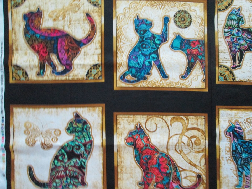 MOD ART CATS ANIMAL CAT DIGITAL 8 BLOCK BLACK STUNNING COTTON FABRIC ...