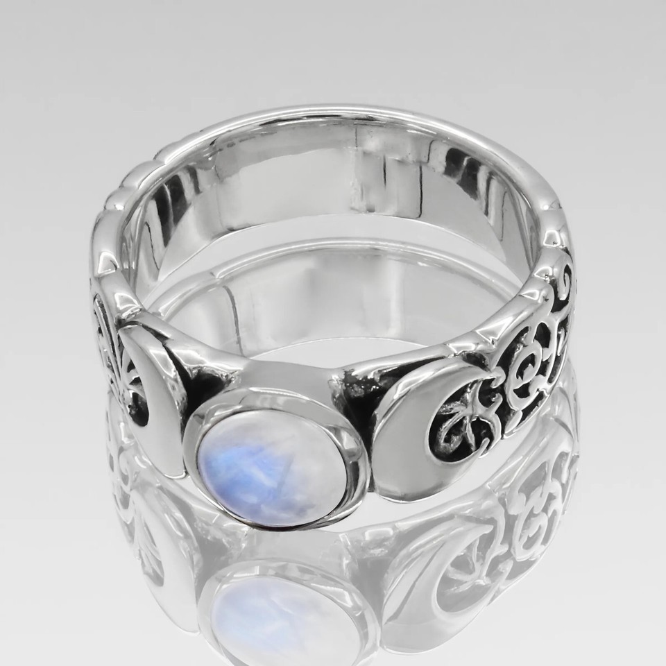 Hecate Ring - Sterling Silver Triple Moon Phase Ring - Moonstone ...