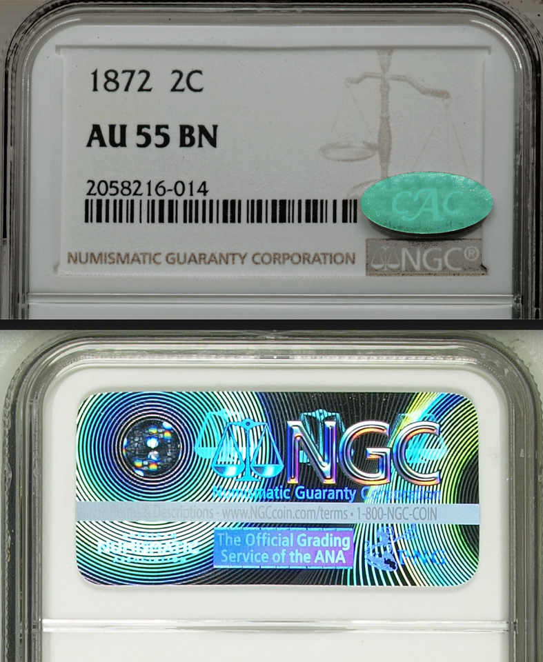 1872 NGC AU55 CAC Lowest Mintage 2c Business Strike! #1 Key DateTwo ...