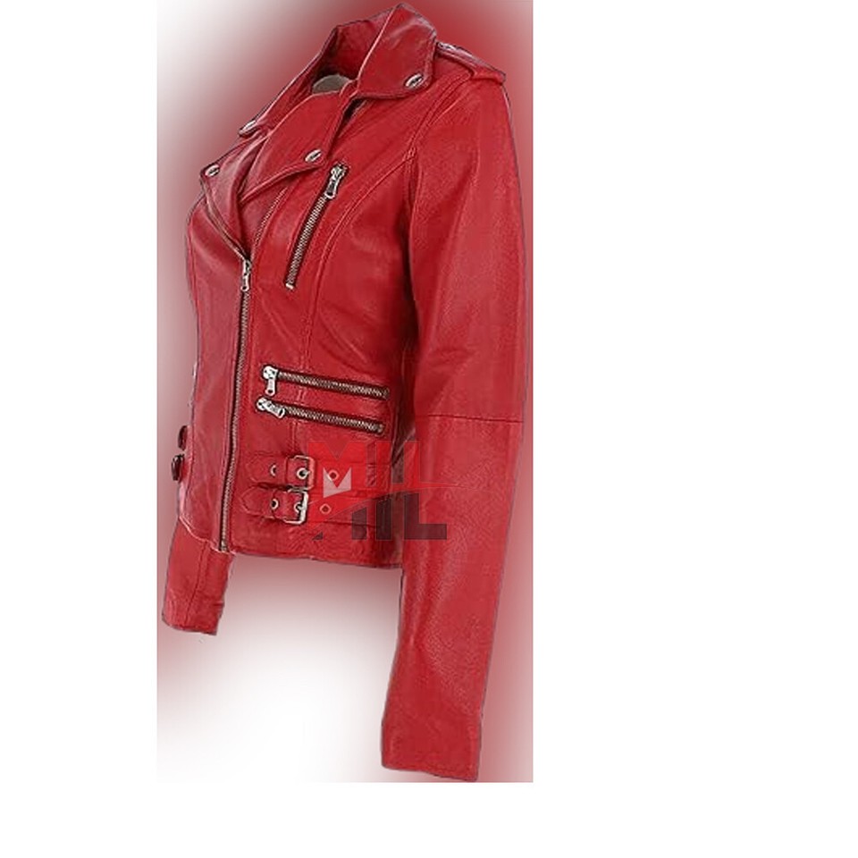 Handmade Women Red Genuine Leather Jacket, Slim Fit Motorcycle Jacket ...