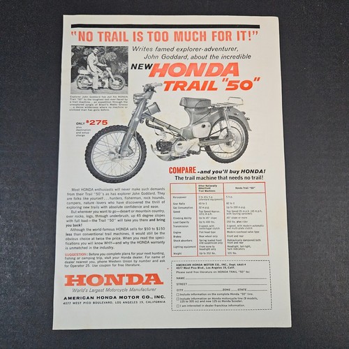 1962 Honda Trail 50 Vintage Print Ad Explorer John Goddard Los Angeles ...