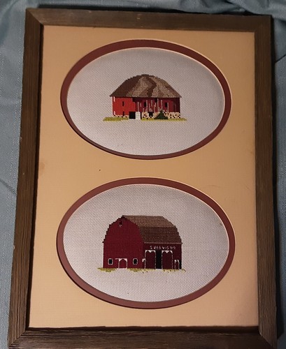 Framed Finished Cross Stitch Pair of Rustic Barns | eBay