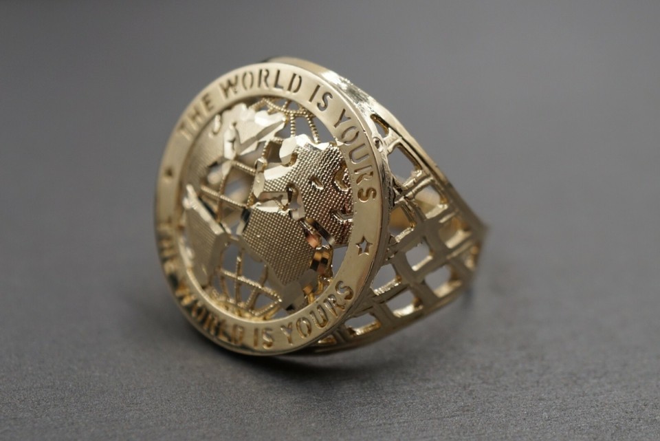 10K Solid Yellow Gold Diamond Cut World Is Yours Globe Ring. Size 11.5 ...