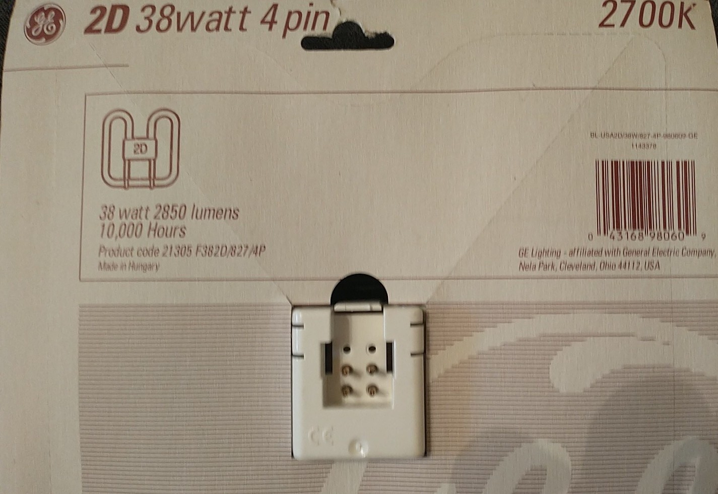 GE 38 Watt 2d Compact Fluorescent F38w2d/827 Polylux 4 Pin Light Bulb ...