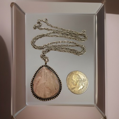 Vintage Genuine Rose Quartz Crystal Tear Drop Silvertone Pendant Chain ...