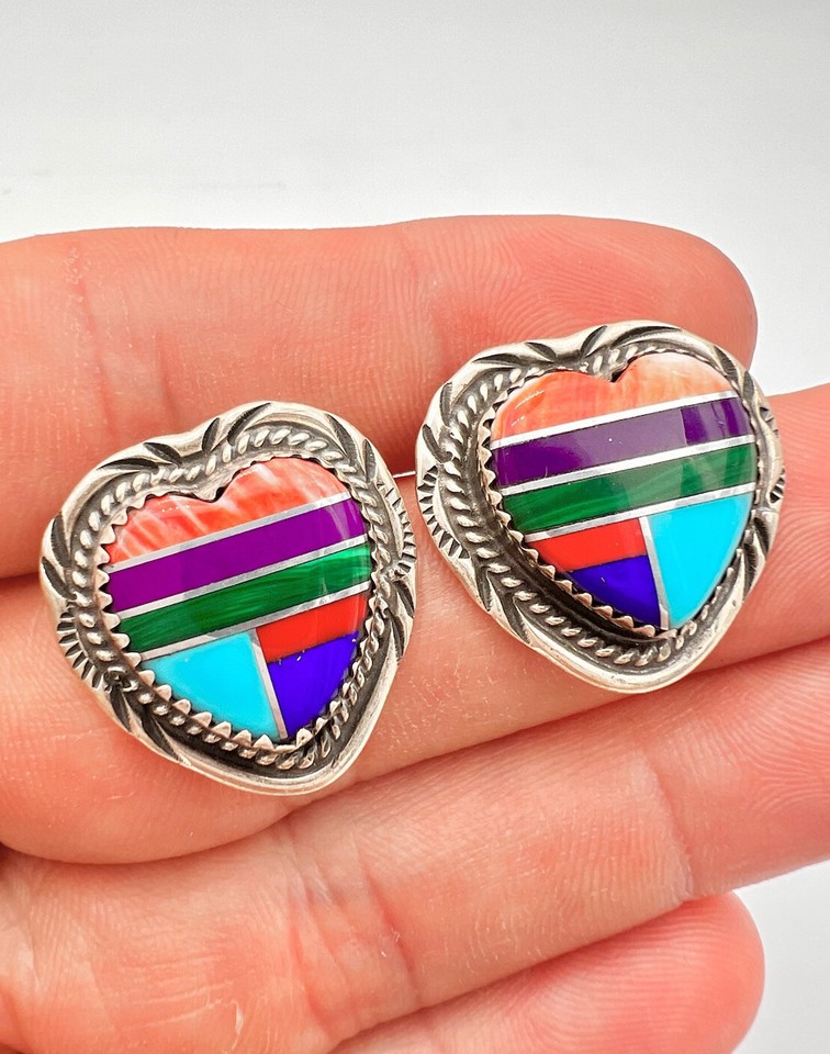 Vtg Navajo Sterling Silver Multi Gemstone Flush Inlay Heart Post Stud ...