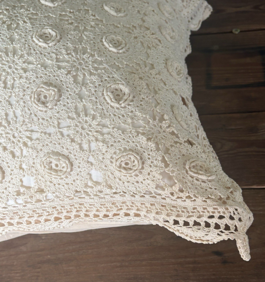 Vintage Keeco Crochet Lace & Rosette Overlay Standard Ecru Pillow Sham ...