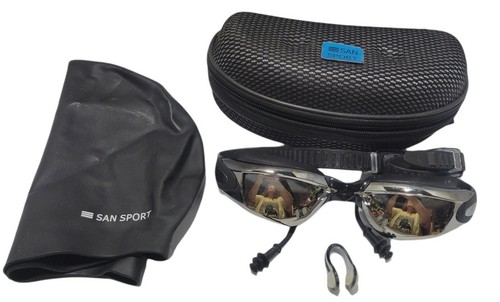San Sport Swimming Goggles With Cap Lens Cloth Nose Clip In Case EUC | eBay