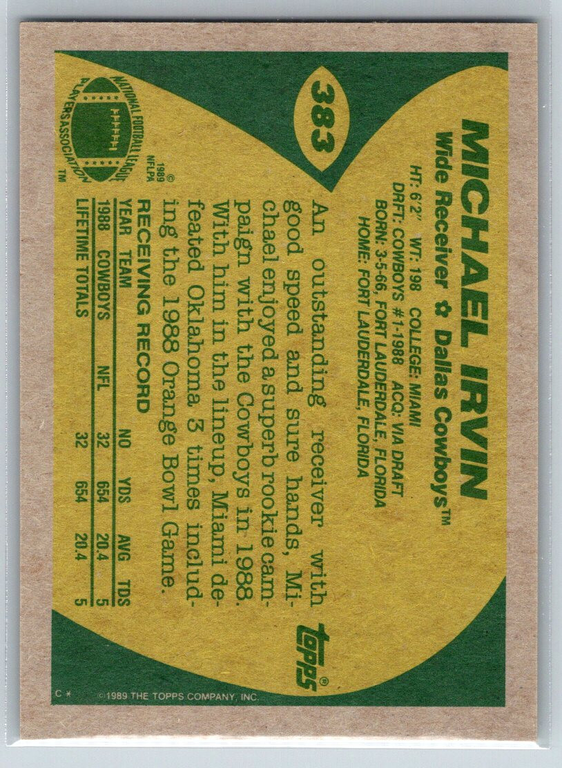 Michael Irvin 1989 Topps Rookie Card RC #383 Dallas Cowboys TC901 | eBay