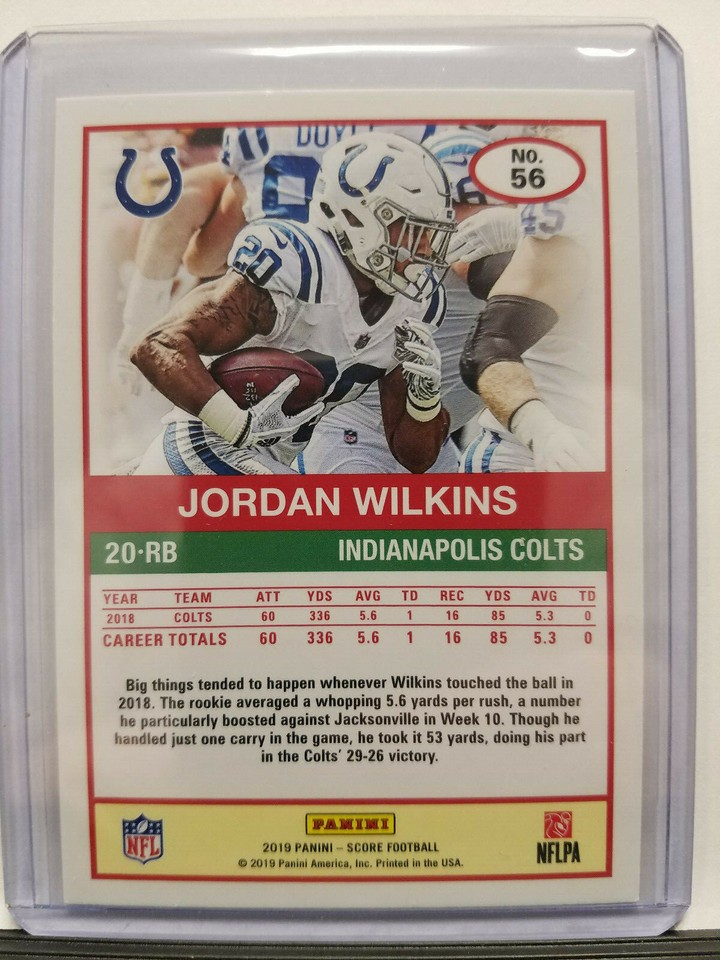 Jordan Wilkins 2019 Score Football Silver Scorecard #56 Indianapolis ...