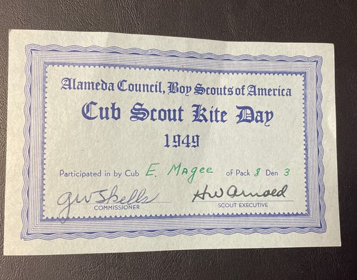 Vntg 1949 Boy Scouts BSA Cub Scout Kite Day Certificate Alameda Council ...
