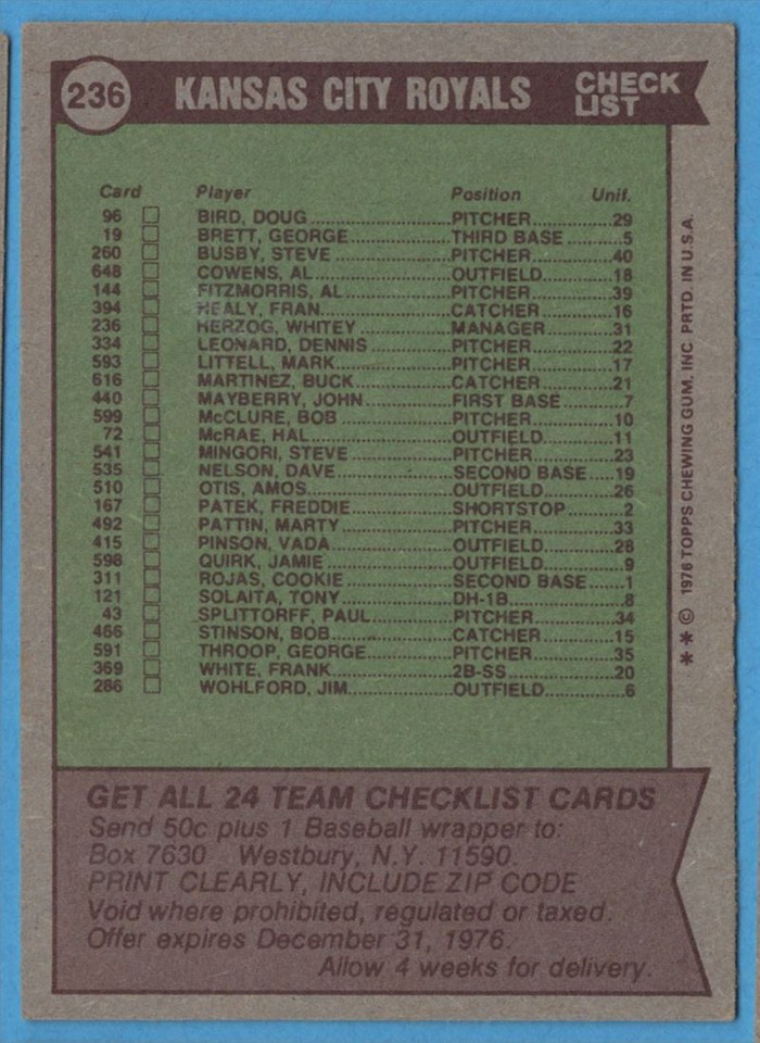 1976 Topps Kansas City Royals - Whitey Herzog Kansas City Royals #236 ...