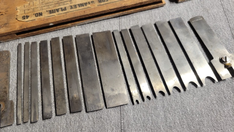 Set of Antique STANLEY No. 45 COMBINATION PLANE IRONS in Original box ...
